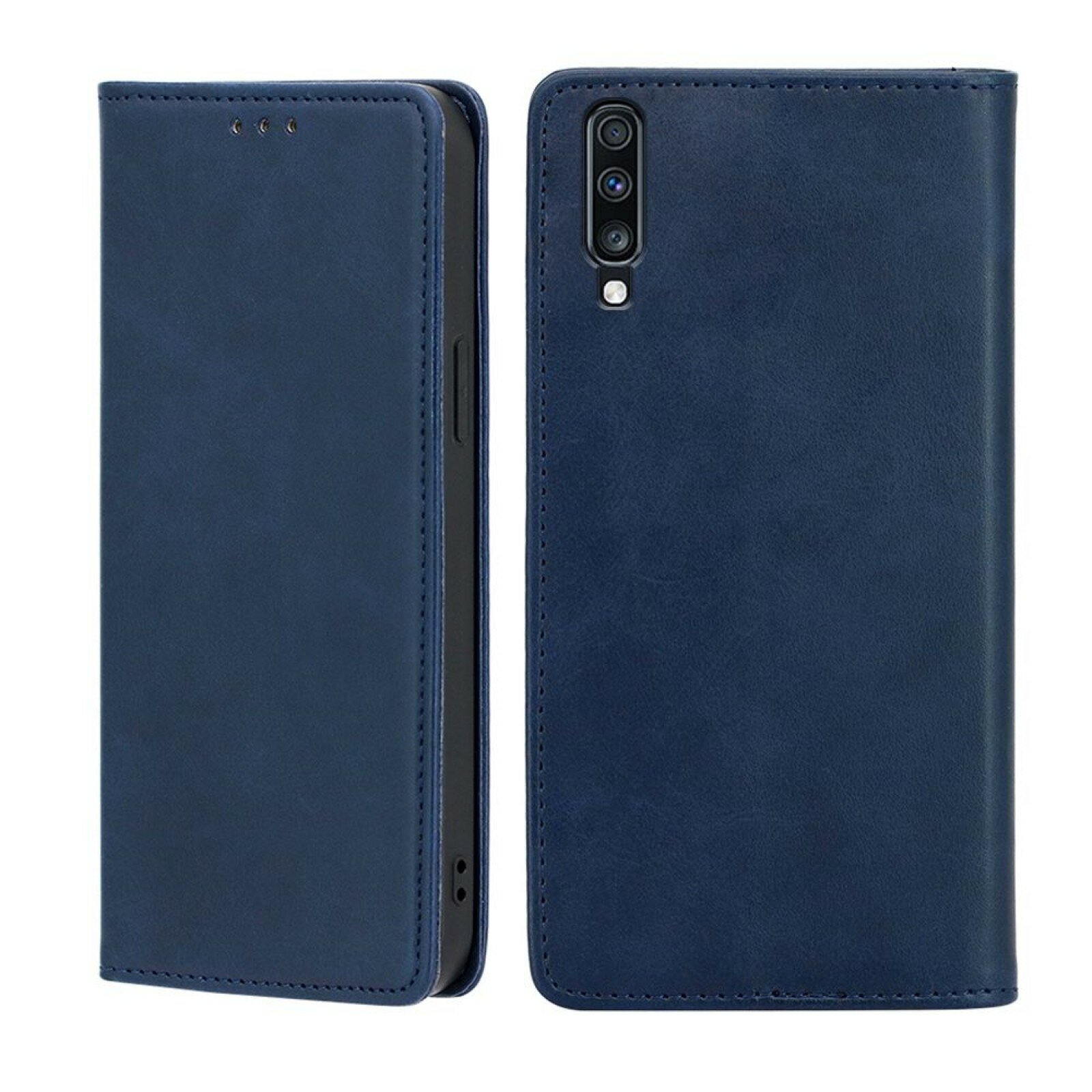 Чехол-книжка MyPads для Samsung Galaxy A70 с натуральной телячьей кожей и магнитным закрыванием, синий