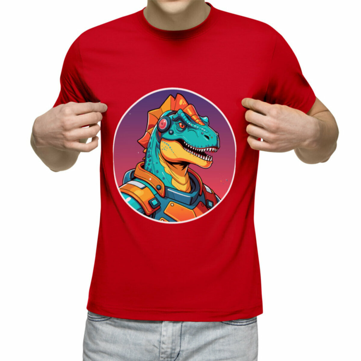 Мужская футболка «Динозавр-воин» (красный, 2XL)