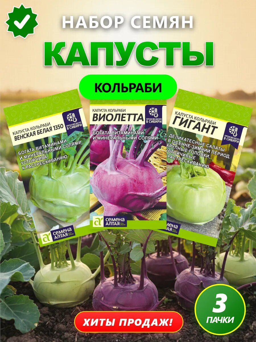 Набор семян капусты кольраби для открытого грунта, 3 сорта, Семена Алтая