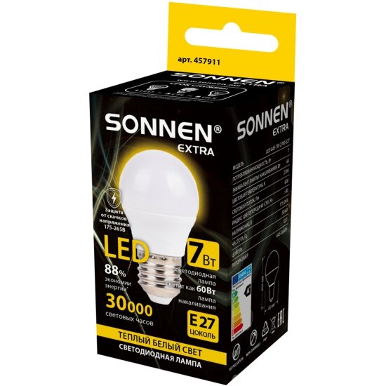 Светодиодная лампа Sonnen EXTRA, 7 (60) Вт, E27, шар, теплый белый, 30000 ч, LED G45-7W-2700-Е27, 457911