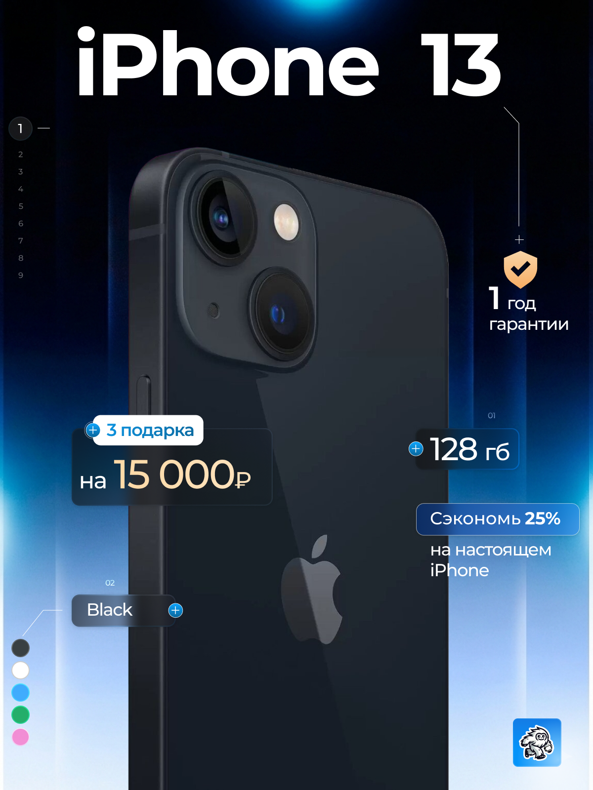 Смартфон Apple iPhone 13 4/128 ГБ, Черный, Витринный образец