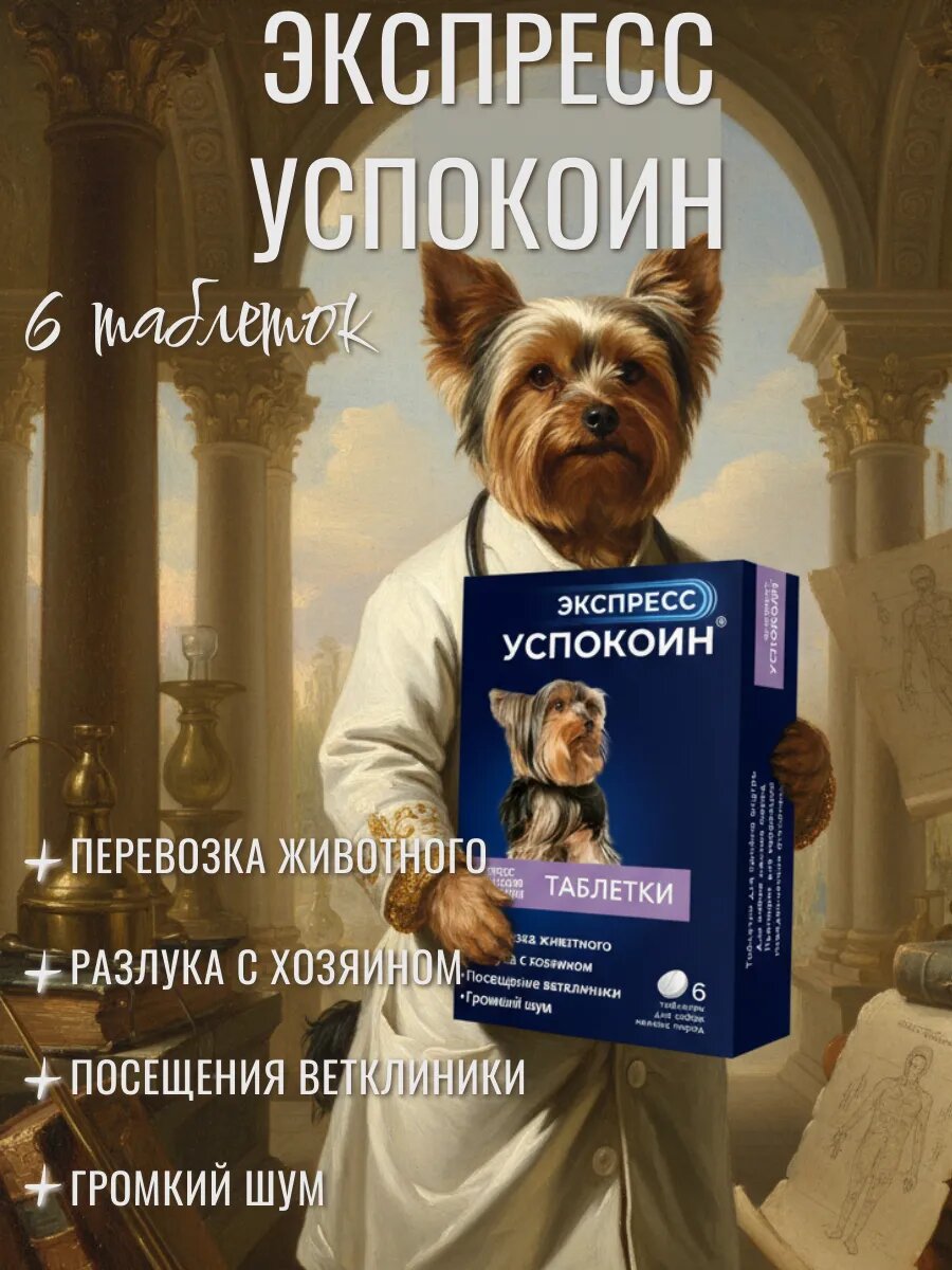 Экспресс-Успокоин, для собак, таблетки, дозировка 6 - 12 мг/кг, для мелких пород, без рецепта