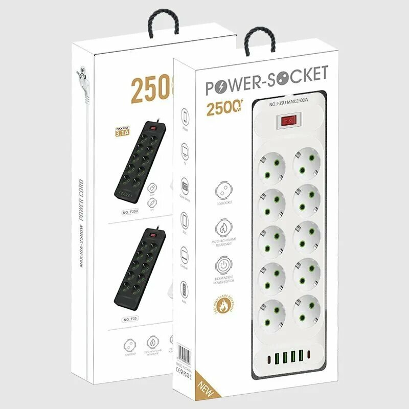 Сетевой фильтр на 10 розеток с USB Type-C и выключателем Белый Кабель 2м Защита по току