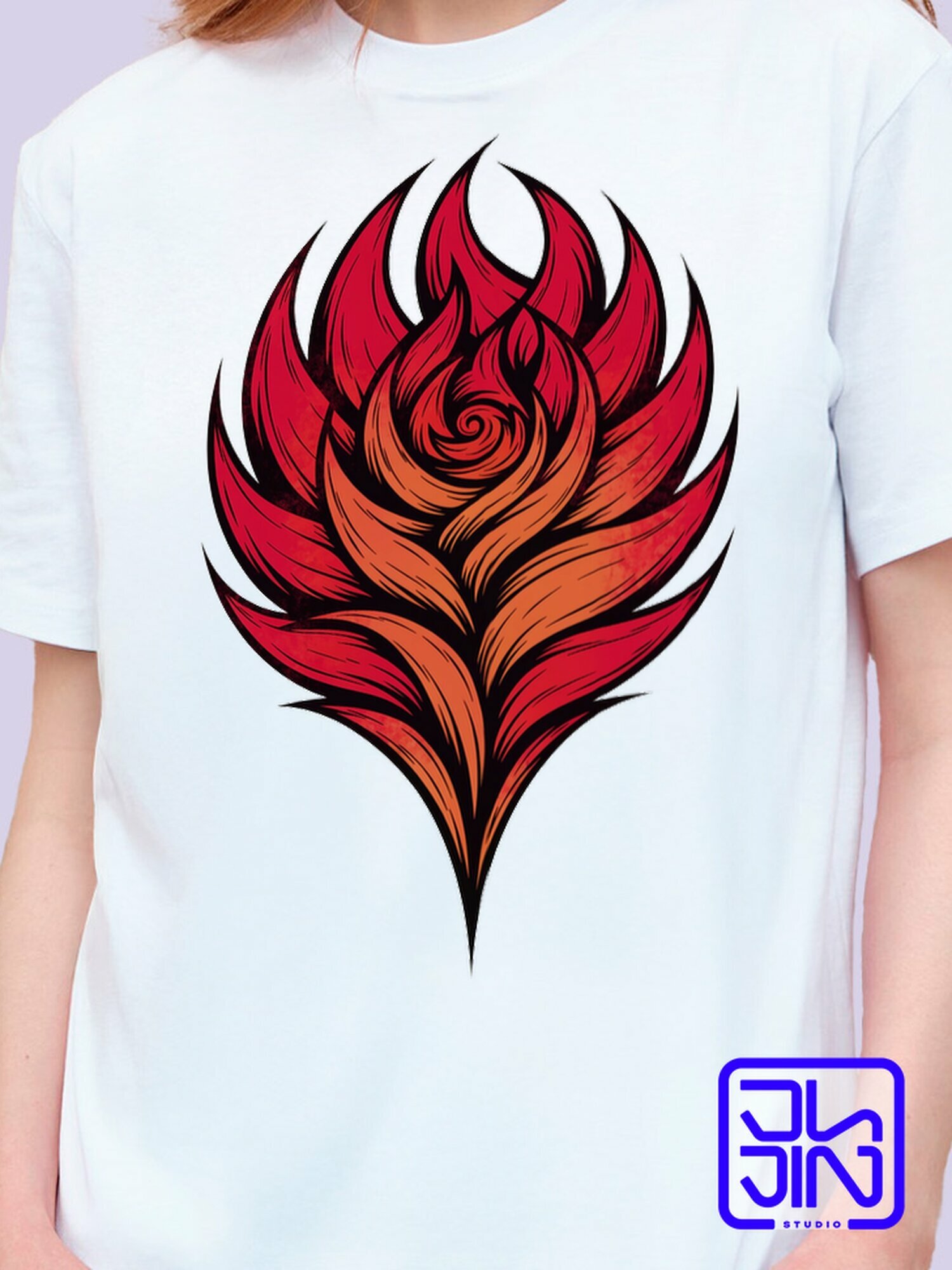 Футболка классическая женская с авторским принтом Пламя абстрактное черно-красное, выразительный красный цветок абстракции, белый хлопковый трикотаж с прикольным рисунком на груди