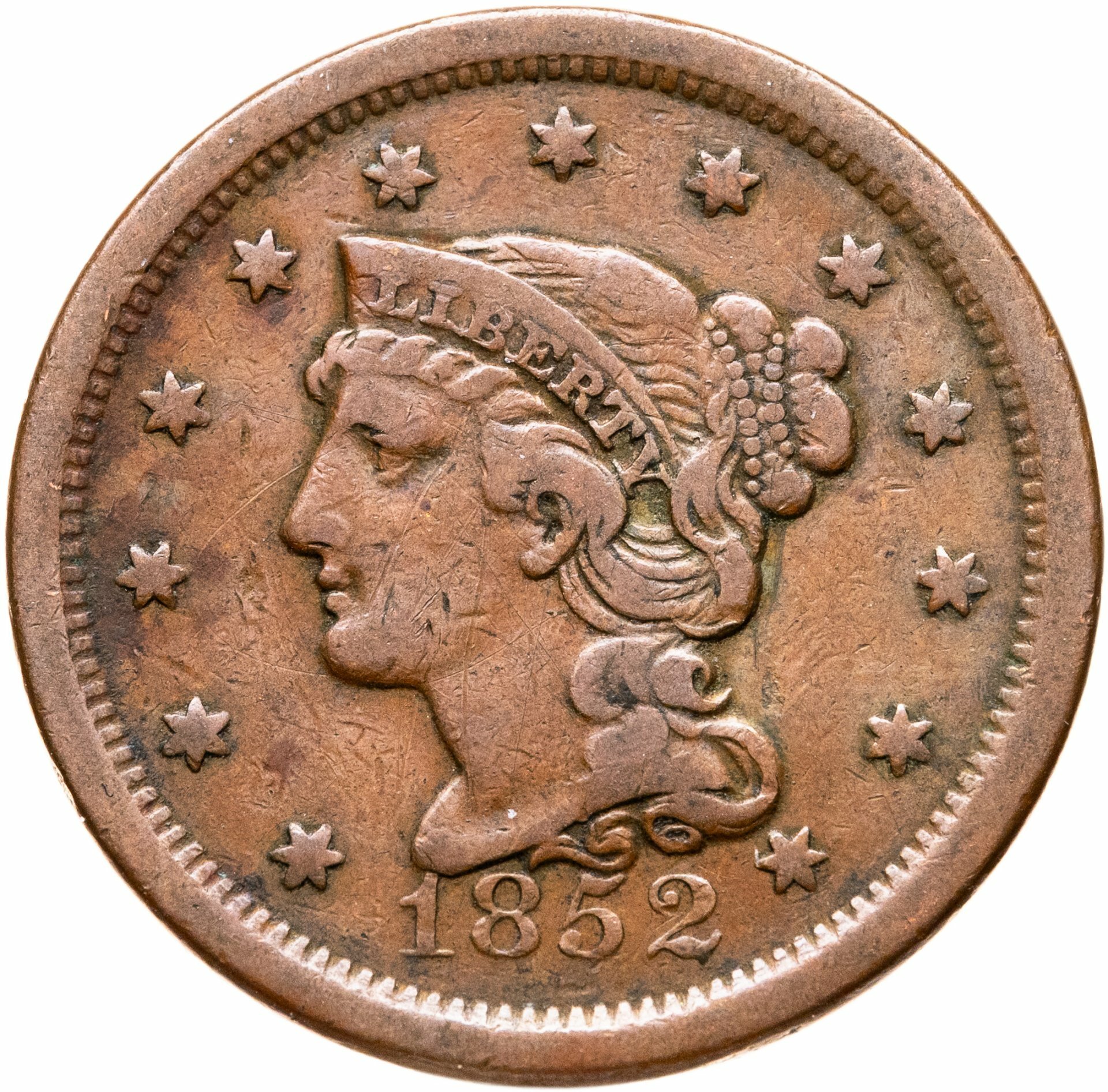 США 1 цент 1852 Liberty Head Cent, Медь, в сохранности VF-XF