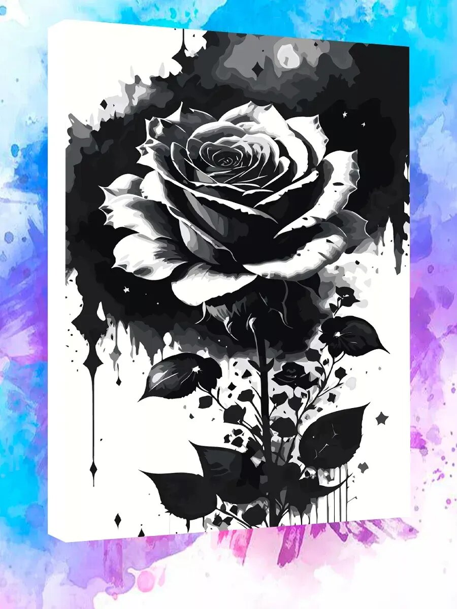 Картина по номерам Роза Цветок Арт черно-белая Rose