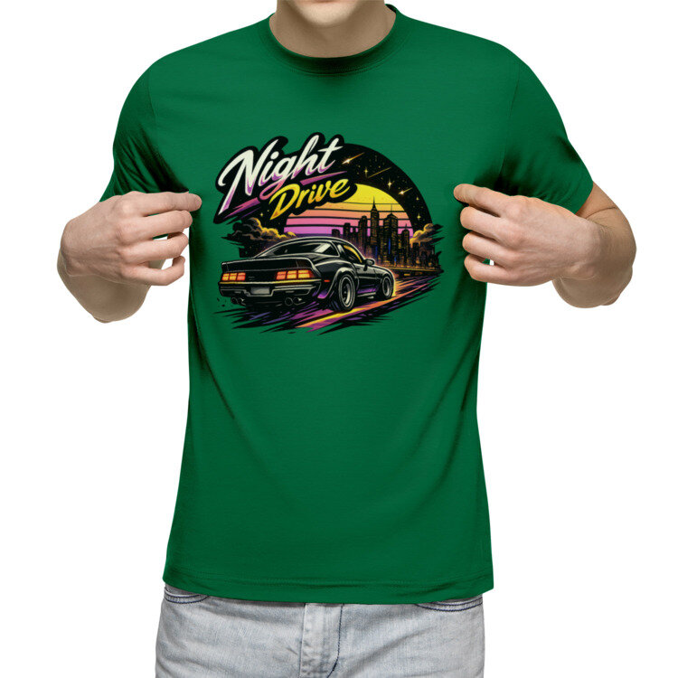Мужская футболка «Night Drive ночная поездка» (зеленый, L)