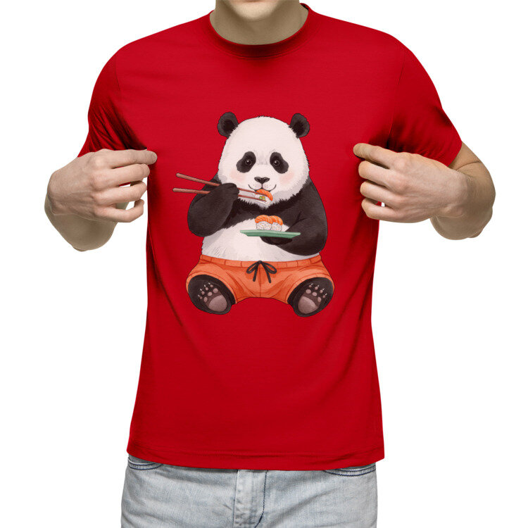 Мужская футболка «Панда ест суши» (красный, S)