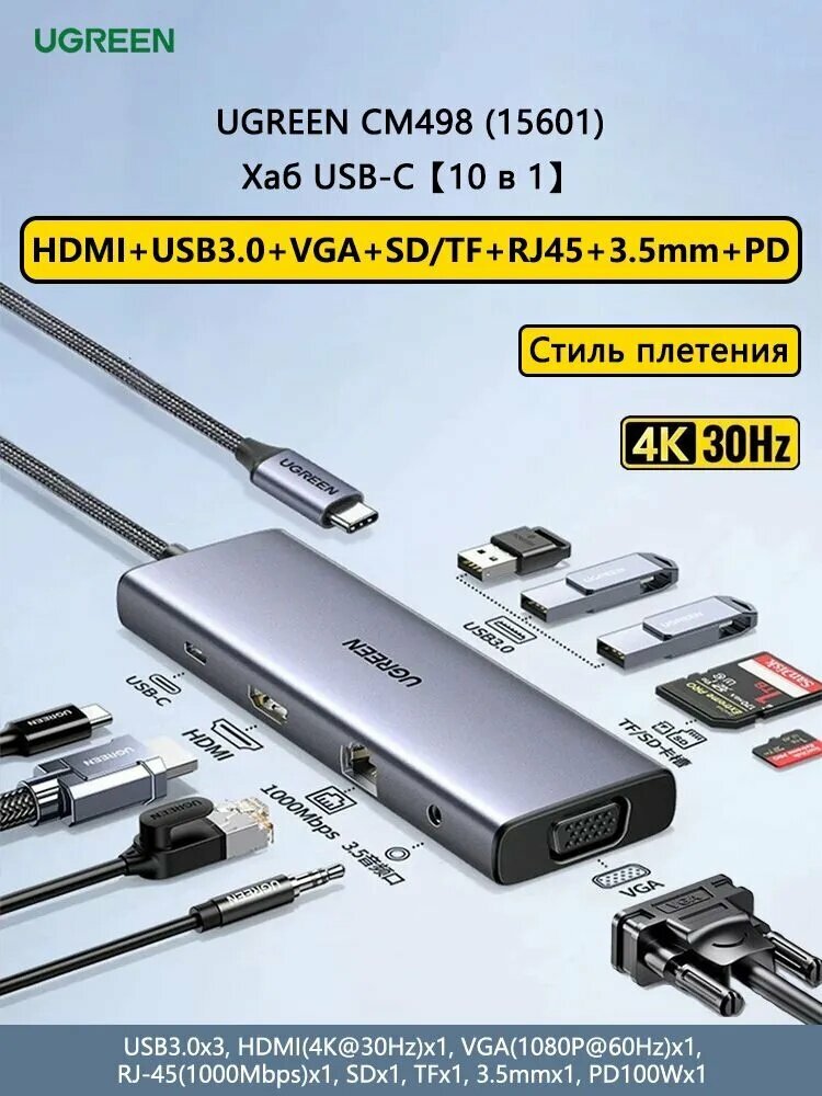 USB-Концентратор UGREEN CM498 (15601) Хаб USB-C 10-in-1 HUB, USB3.0, HDMI(4K@30Hz) VGA(1080P@60Hz) RJ-45 SD/TF 3.5mm, PD100W, Док-станция, Кабель 0,2м