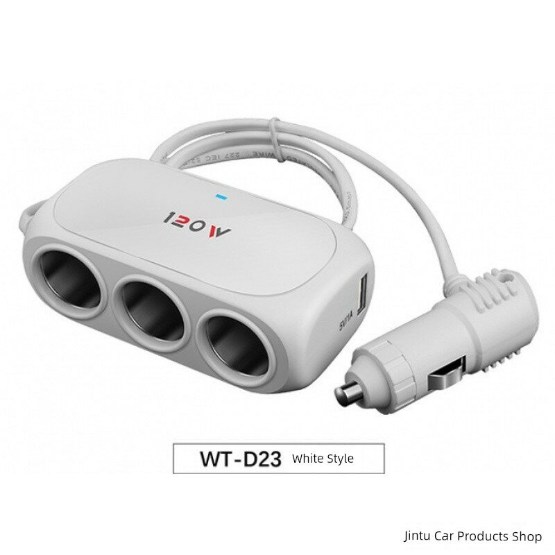 Белое автомобильное зарядное устройство с 3 прикуривателями и 2 USB-портами для 12В/24В авто, компактное решение с