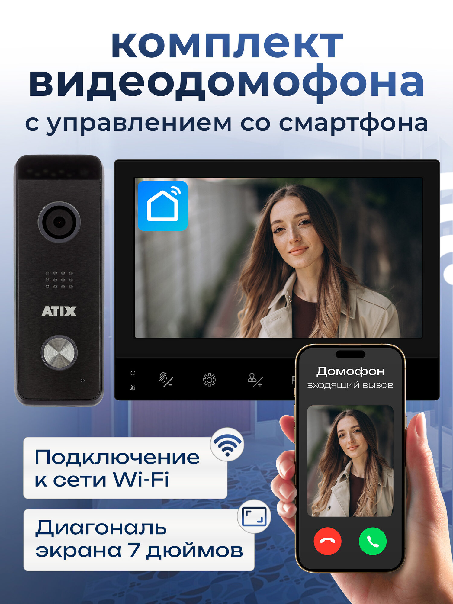 Видеодомофон для квартиры комплект WIFI / монитор видео домофона 7" + вызывная панель