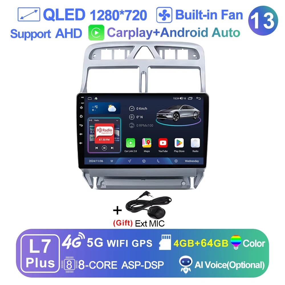 Автомагнитола Android 1280*720 Carplay для Peugeot 307 (2002-2013) L7 Plus(4-