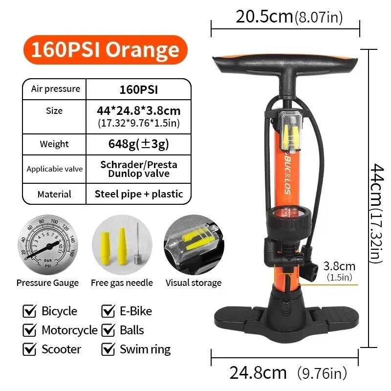 Насос для велосипеда BUCKLOS 160PSI, оранжевый