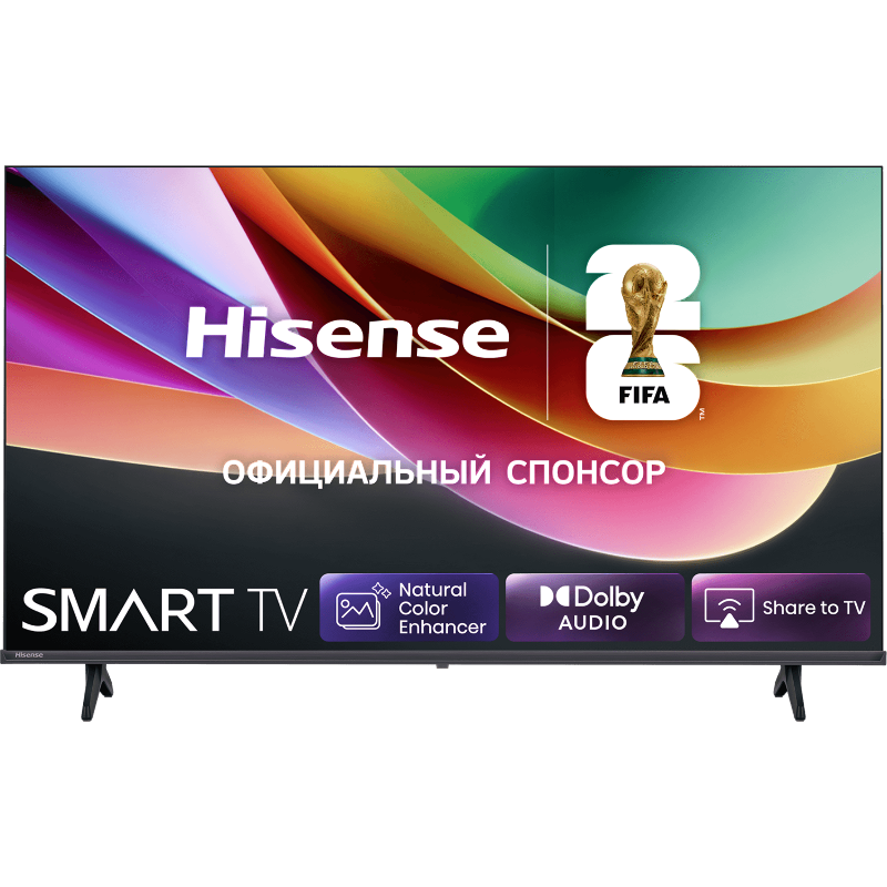 Телевизор ЖК 32', Hisense, HD, Smart TV (HomeOS U9), Wi‑Fi, Game Mode, 2×HDMI, 1×USB, чёрный