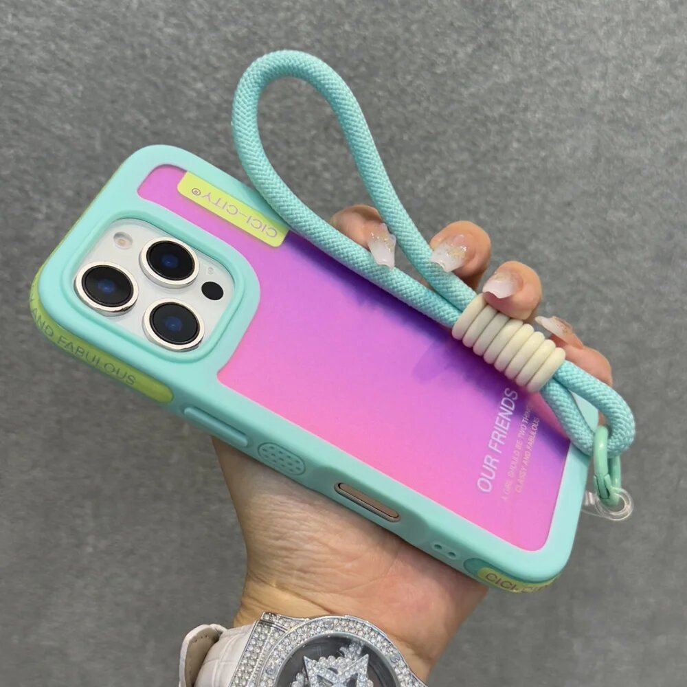 Чехол-ремешок Laser Strap Colorful Для iPhone 14/15/16 Pro Max, Мягкий Матовый IMD-бампер, Защита От Потери, Кабель-держатель