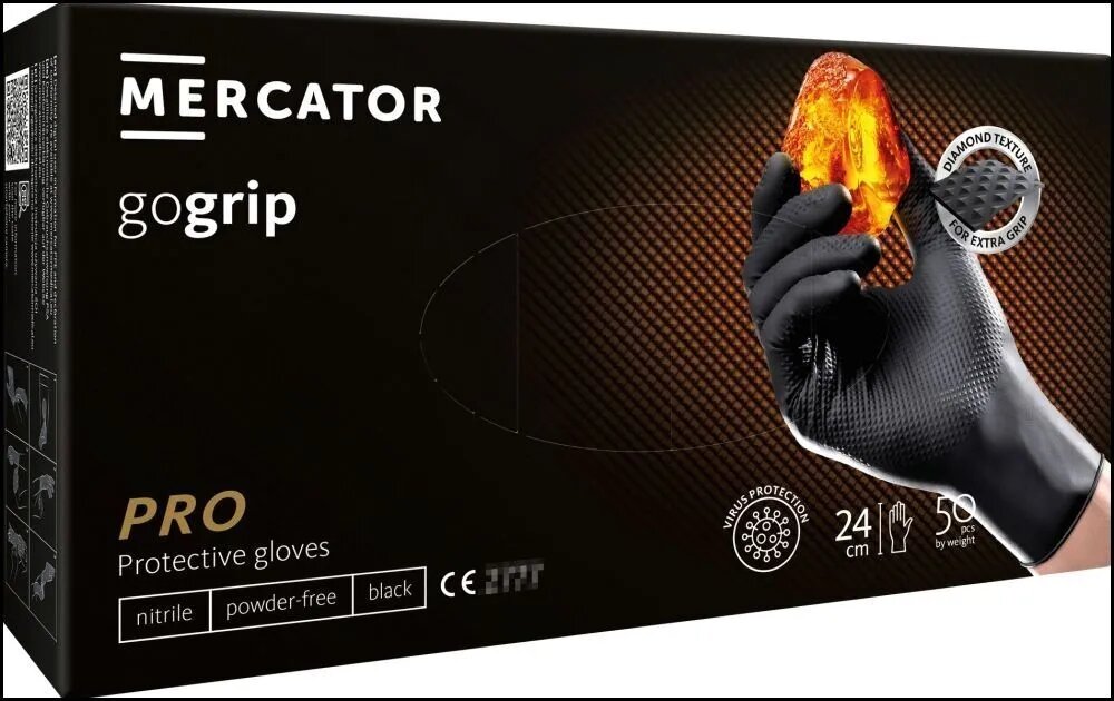 Перчатки особо прочные нитриловые размер L, Меркатор/Mercator GoGrip, защитные черные, 25 пар/50 штук