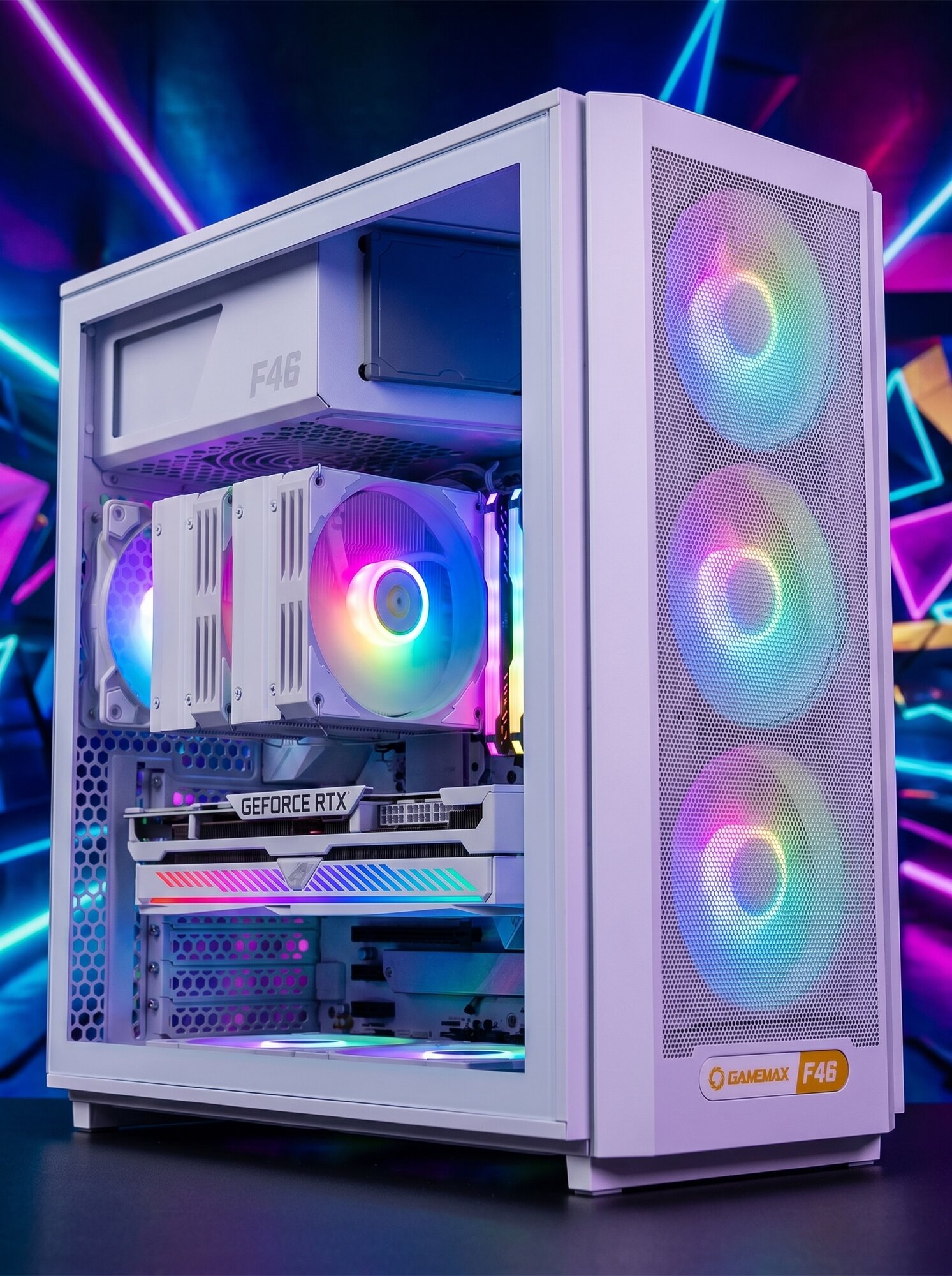 Корпус для ПК GAMEMAX F46 WH Midi-Tower, ATX, поддержка BTF, стекло, 4*120мм ARGB, кронштейн VGA, без БП