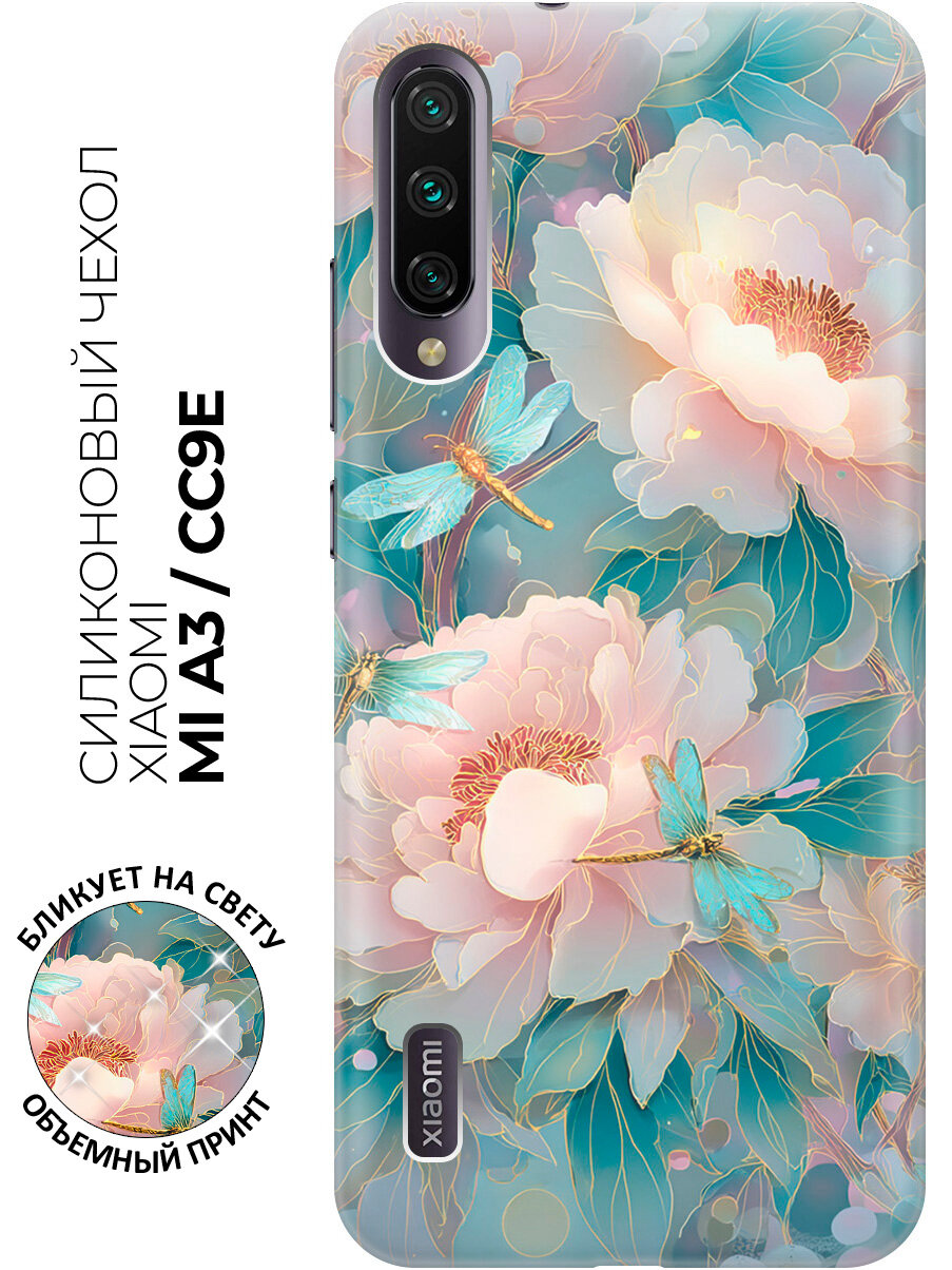 Силиконовый чехол на Xiaomi Mi A3 / CC9e с принтом "Пионы и стрекозы"