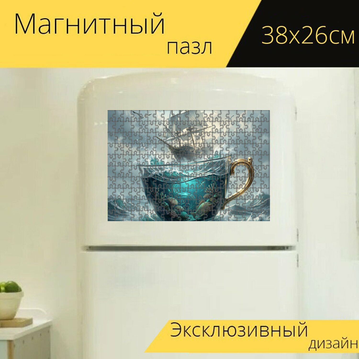 Магнитный пазл "Корабль в чашке с морем. Фантазийная морская композиция: парусник среди волн, прозрачный сосуд с подводным миром, кораллами и рыбами." для интерьера, 38х26 см.