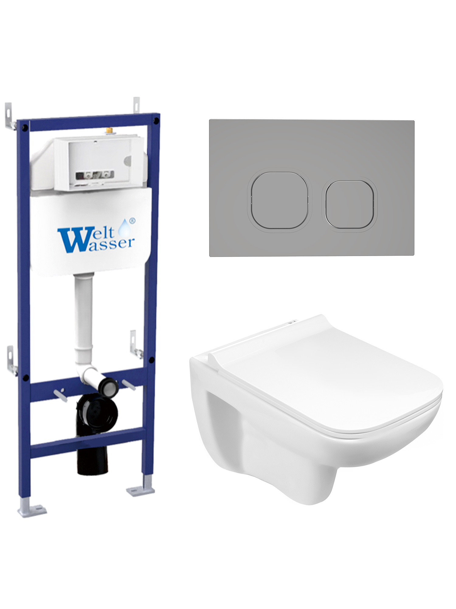 Комплект 3 в 1 Унитаз подвесной WeltWasser KEHLBACH 004 GL-WT безободковый+Инсталляция BAMBERG 460 с кнопкой BAMBERG CR хром глянцевый