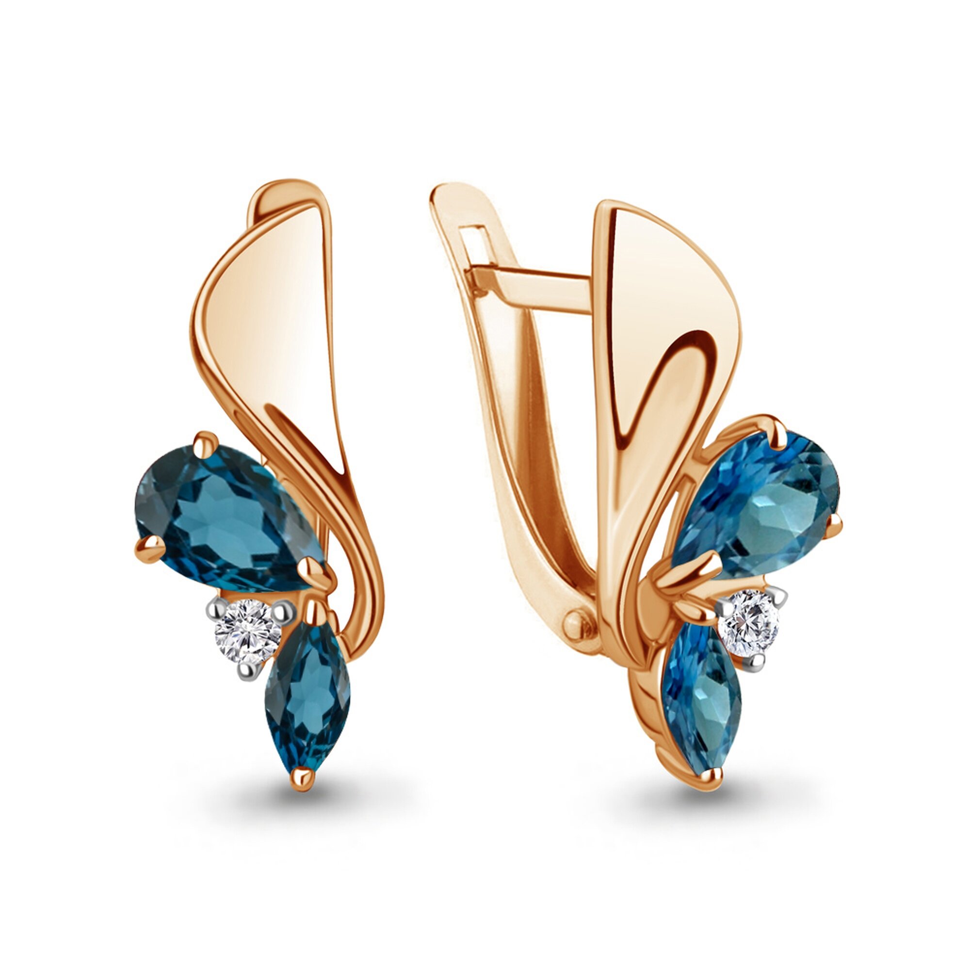 Серьги, красное золото, 585 проба, Лондон топаз, фианит