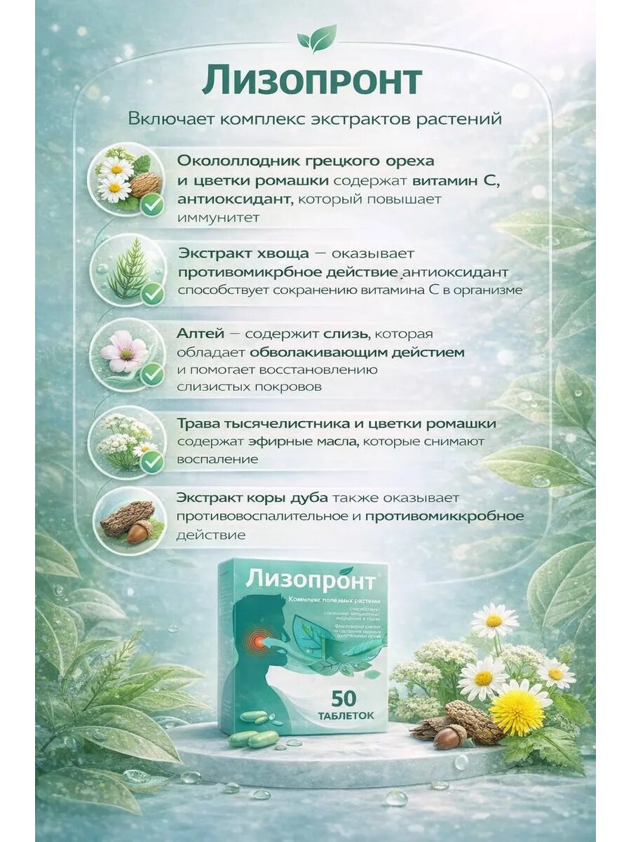 Биологически активная добавка Квадрат-С Лизопронт, при кашле, 50 таб. — фото 1