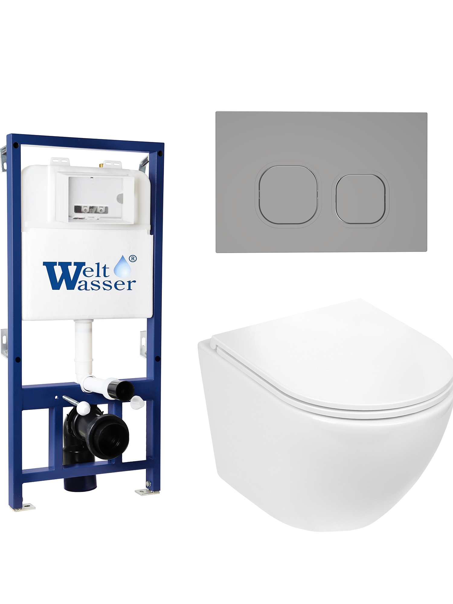 Комплект 3 в 1 Унитаз подвесной WeltWasser MERZBACH 043 GL-WT безободковый+Инсталляция BAMBERG 525 с кнопкой BAMBERG CR хром глянцевый