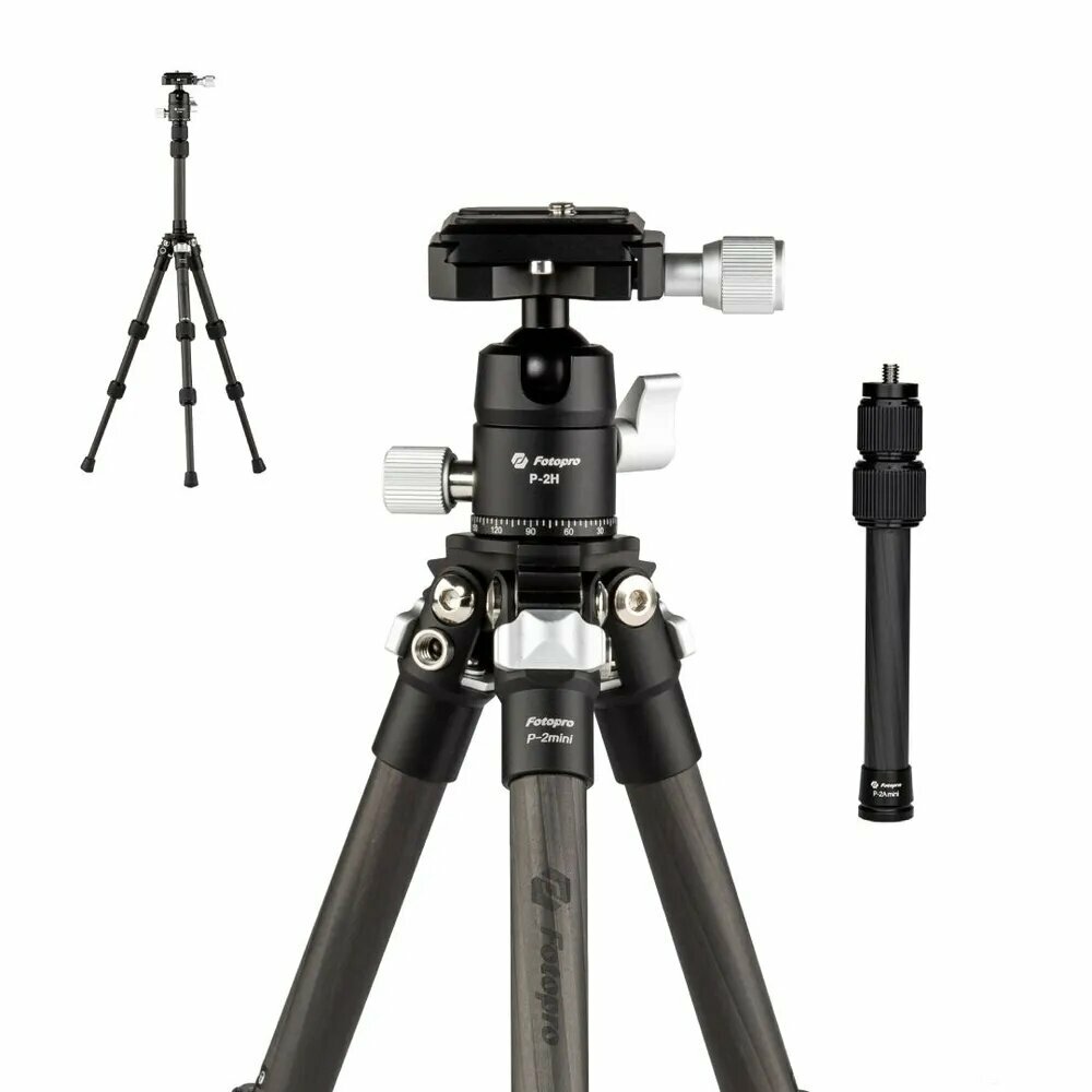 Компактный углепластиковый штатив Fotopro P-2mini + P-2H с центральной колонной для туризма и съемки