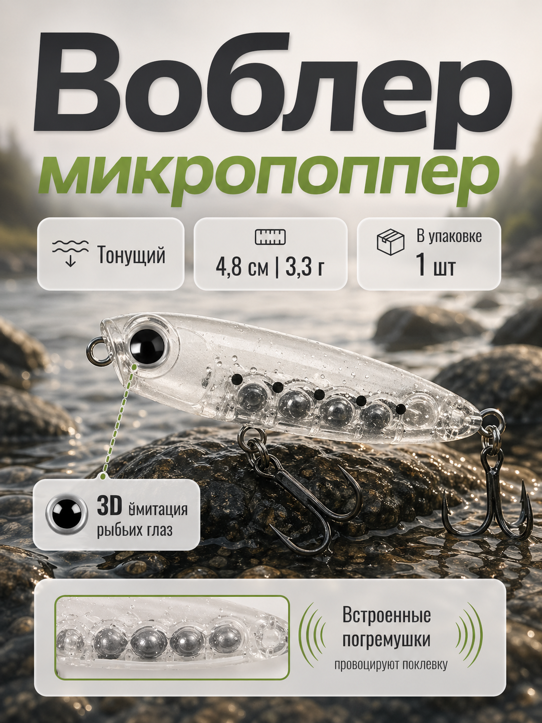 Воблер микропоппер, тонущая приманка, с погремушками и тройными крючками 4,8 см/3,3 г, прозрачно-черная