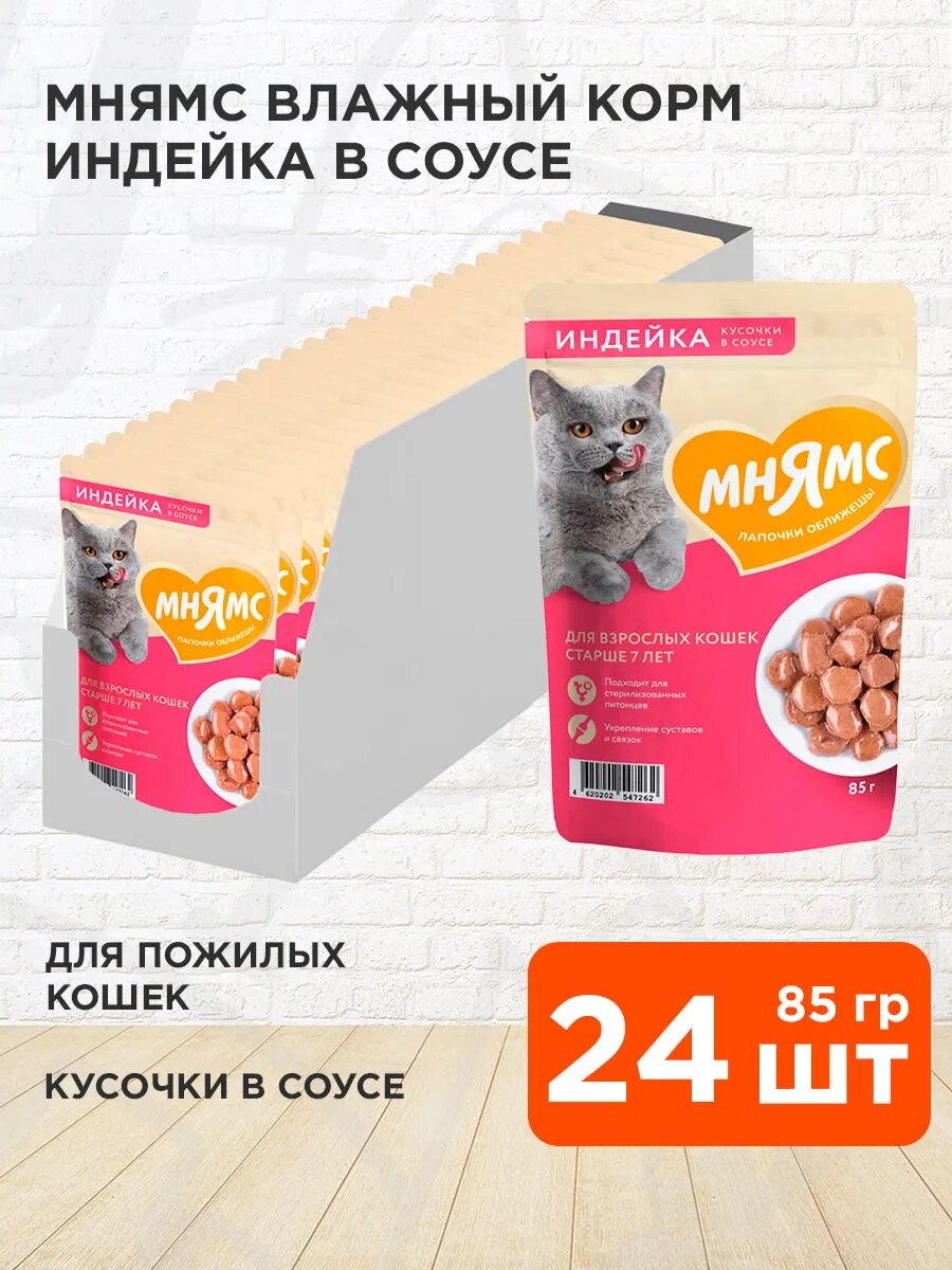 Корм влажный Мнямс для пожилых кошек старше 7 лет, индейка в соусе, 85 г х 24 шт