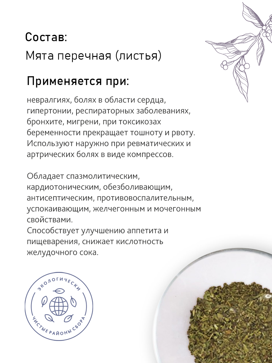 Травы Кавказа "Мята перечная", листья, успокаивающий, обезболивающий, 50 г — фото 1