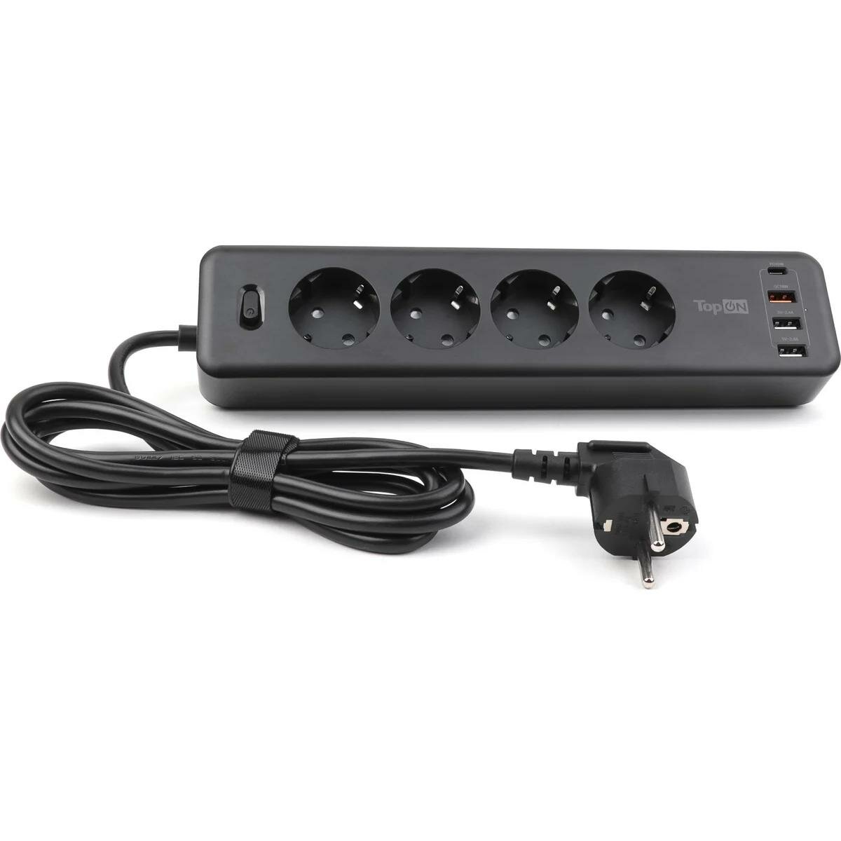 Сетевой фильтр TopOn TOP-PWS4B-3 4 розетки, 3*USB+Type-C (PD 20W QC3.0), 4000W, длина кабеля 3 м, черный
