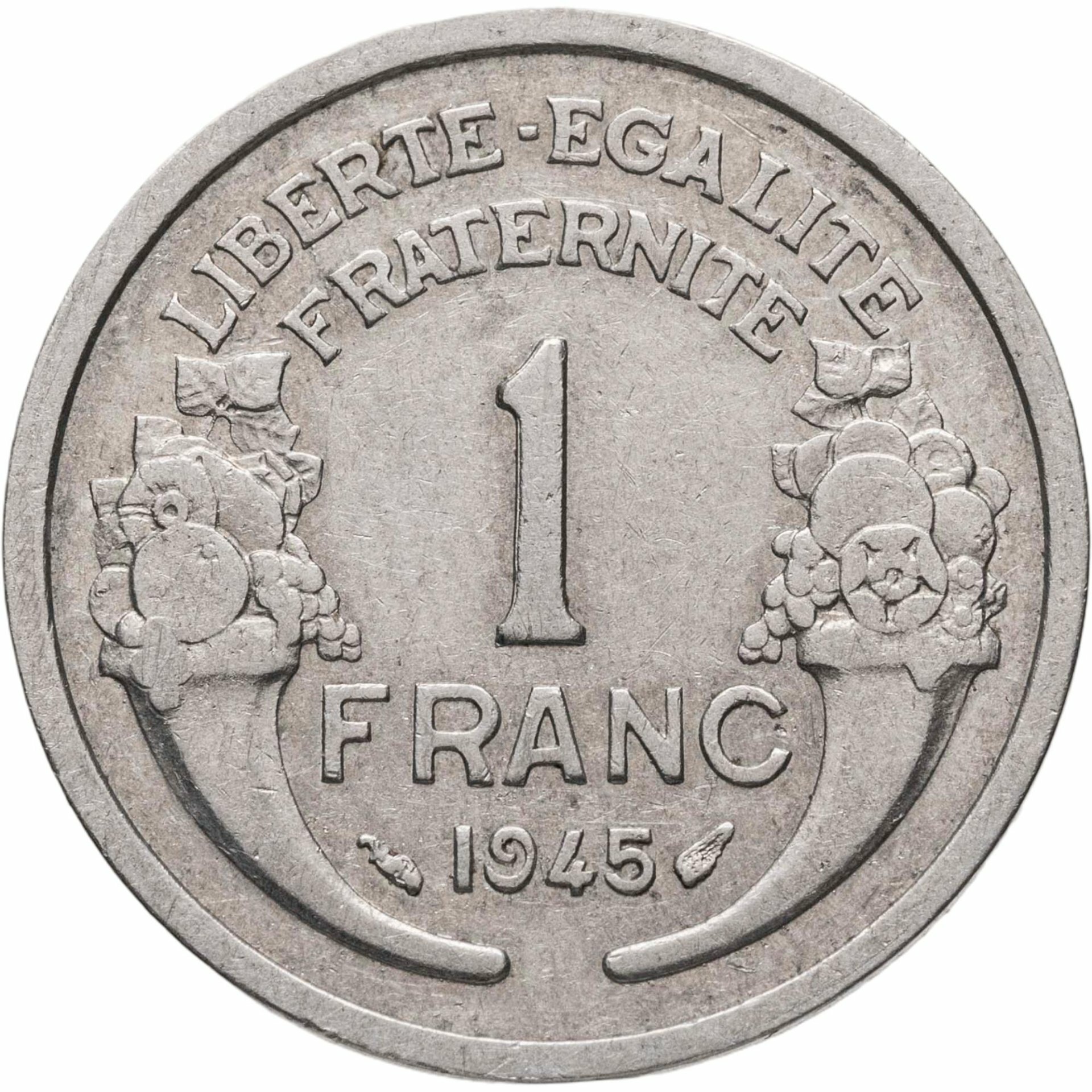 Франция 1 франк franc 1945, Алюминий, в сохранности XF
