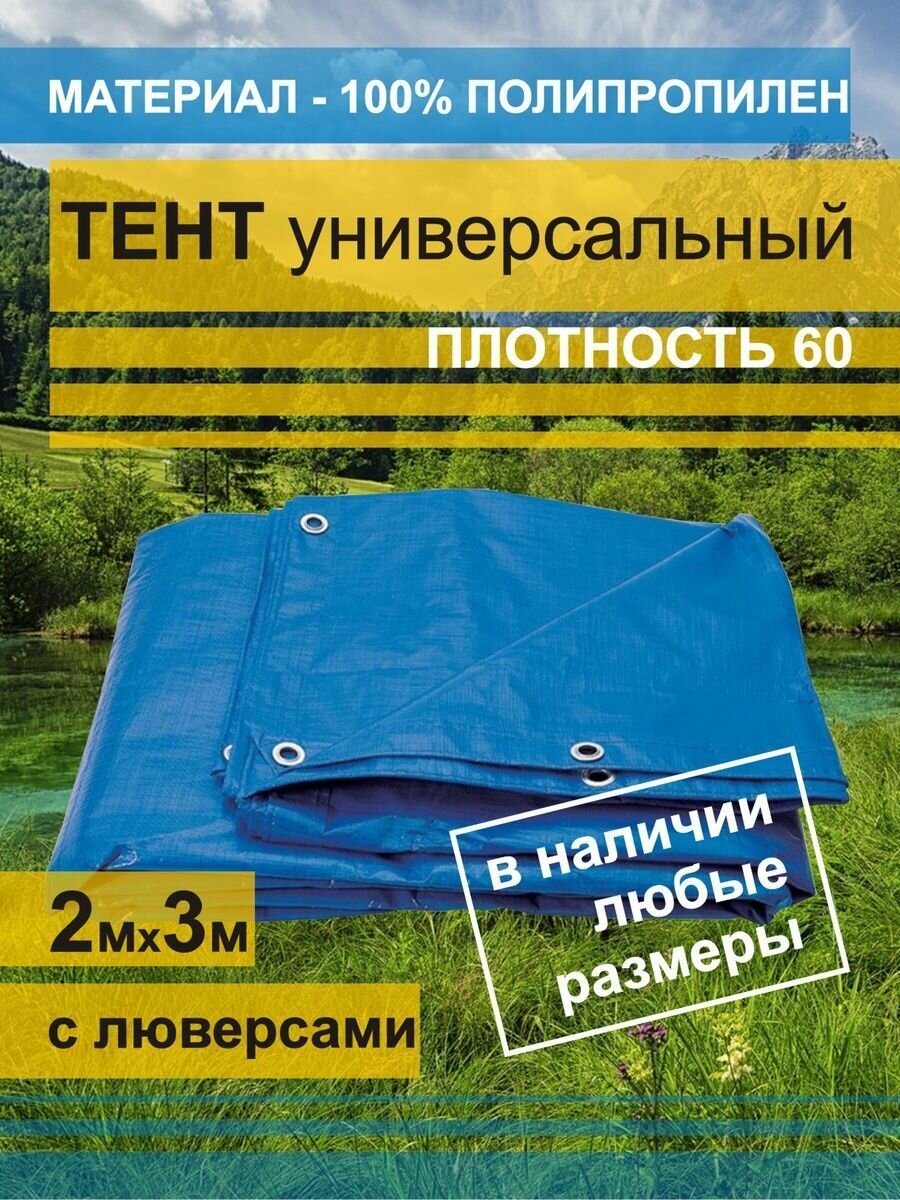 Тент укрывной 2х3м с люверсами садовый, туристический, строительный, укрывной ламинированный полог баннер синий, пл.60г/м2