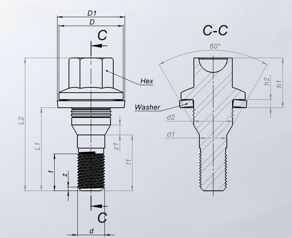 Болт колесный M12x1,25x19x58, конус с шайбой, кл.17, дакромет для а/м Peugeot/Citroen, AIRLINE ABLT007
