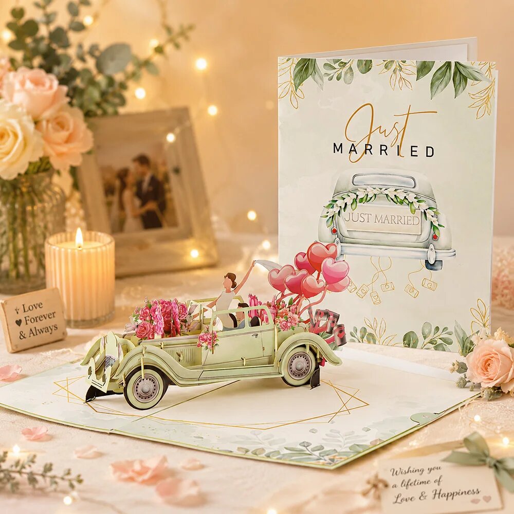 3D открытка "Just Married" с белым автомобилем