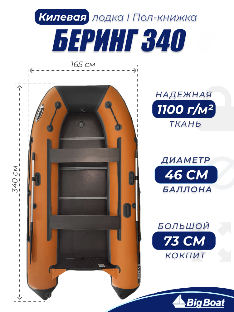 Надувная, под мотор лодка из ПВХ для рыбалки Bering (Беринг) 340К пол-книжка