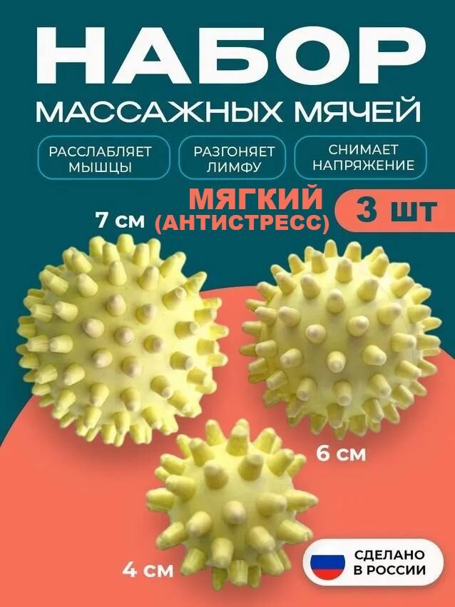 Набор 3в1 Массажный мяч "Добрый мячик" с шипами (4, 6 и 7 см) для спины и шеи, массажер для тела, мяч для МФР, релаксация.
