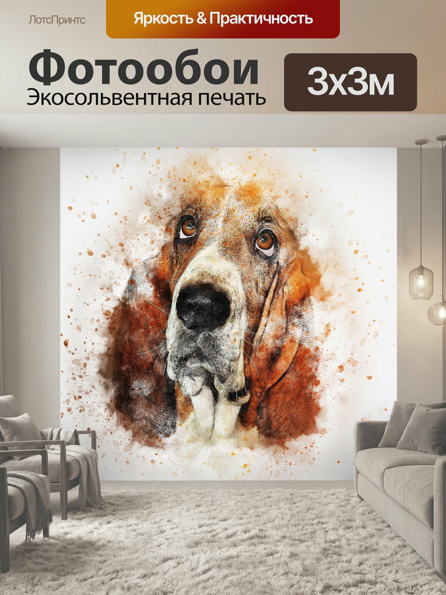 Фотообои "Собака, бассет, домашний питомец" 300x300 см. экосольвентная печать