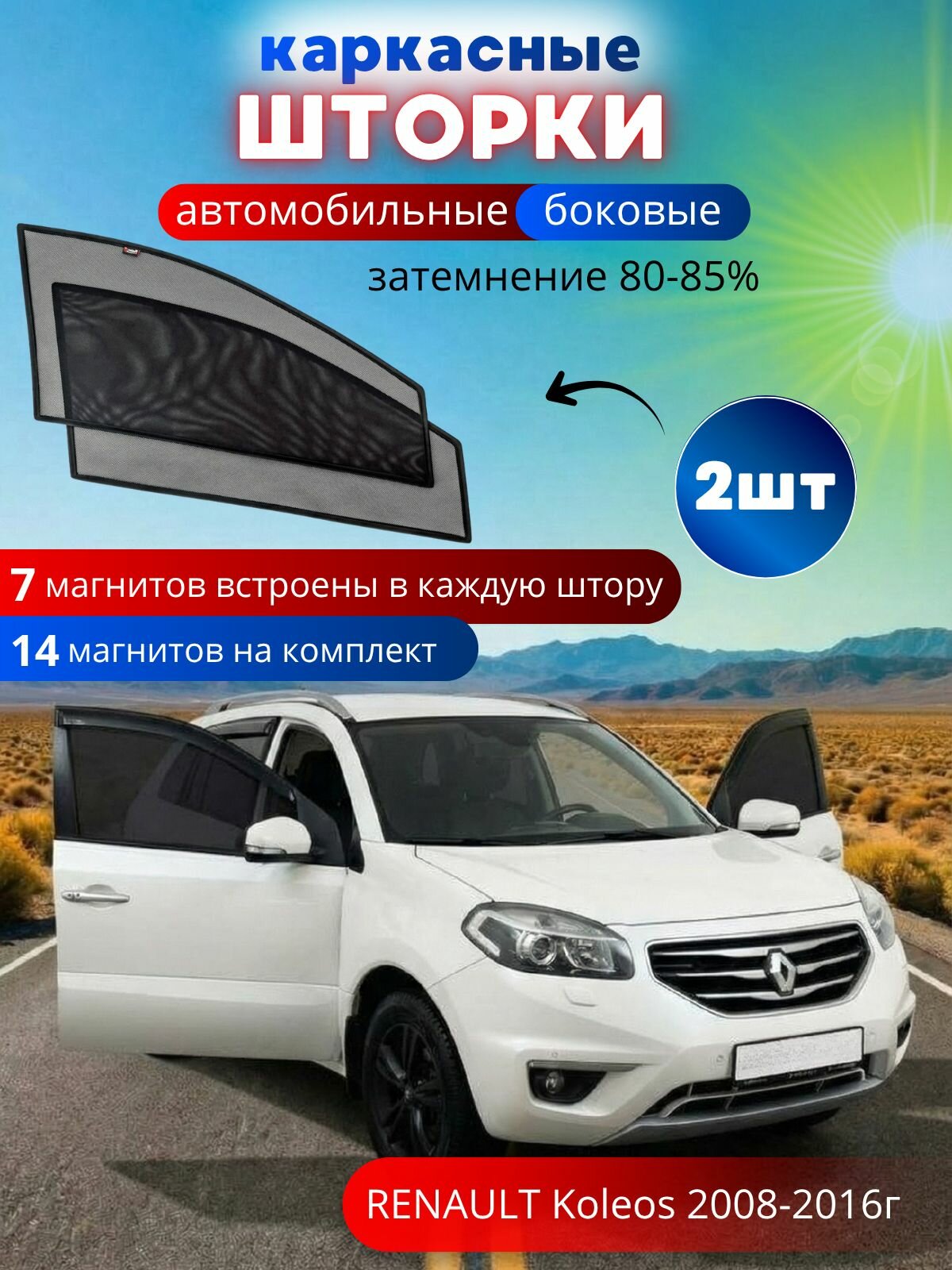 Каркасные шторки солнцезащитные на боковые стекла RENAULT Koleos 2008-2016, 2 шт, автошторки от солнца на передние окна автомобиля на встроенных магнитах, затемнение 80-85%.