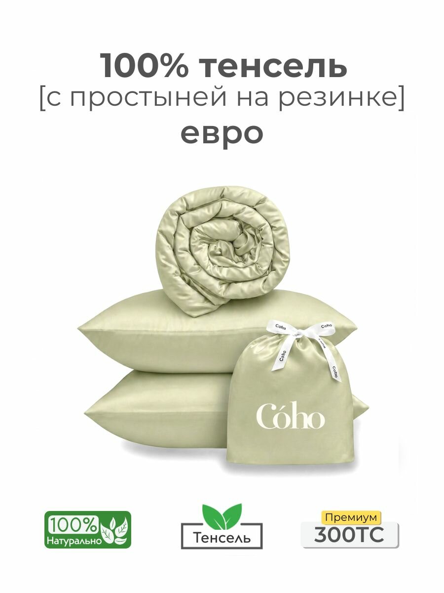Комплект постельного белья, евро, на резинке, 50x70, тенсель, светло-оливковый, Coho Home
