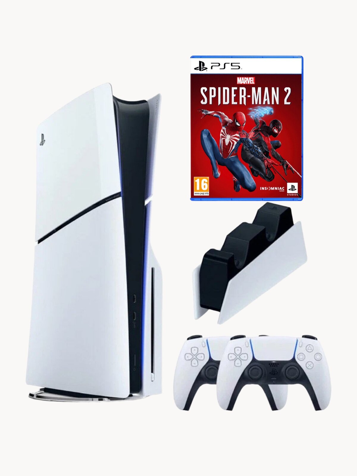 PS5 (ПС5) Игровая приставка Sony PlayStation 5 Slim disc + 2-й геймпад(белый) + зарядное + игра Spider-Man2