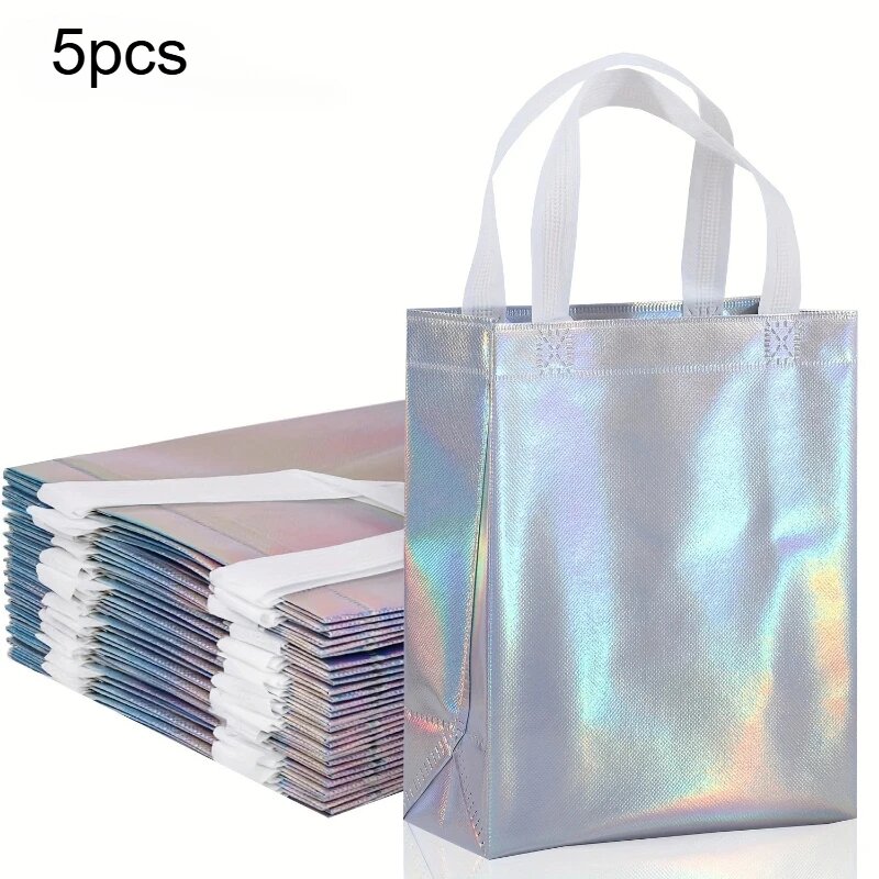 Набор Из 5 Многоразовых Голографических Подарочных Пакетов «Радуга» Из Нетканого Материала