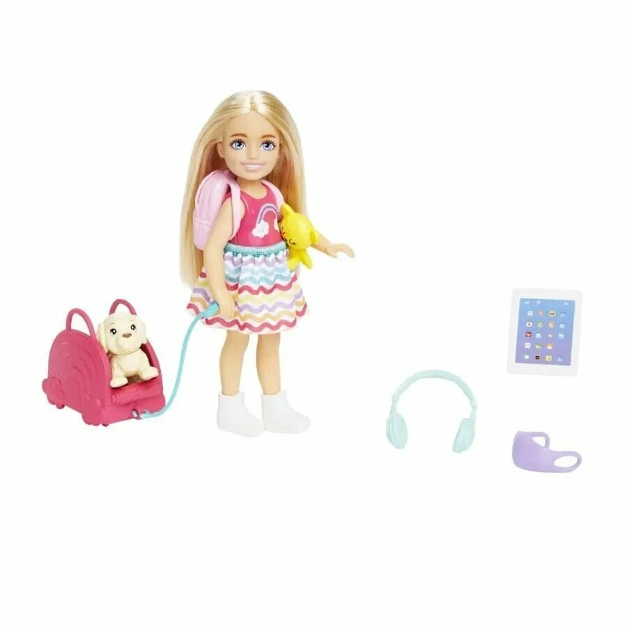HJY17 Кукла Barbie, Челси и аксессуары, Дорожный набор со щенком и еще 6 предметов, включая переноску для домашних животных/Барби/Mattel