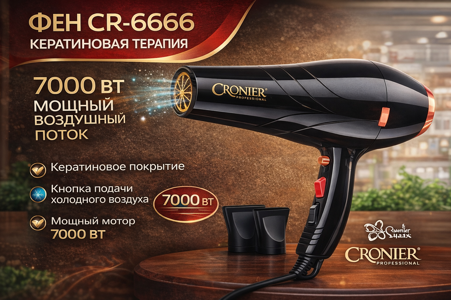 Фен Cronier CR-6666 7000Вт с кератиновой терапией, мощный поток, насадки, холодный обдув