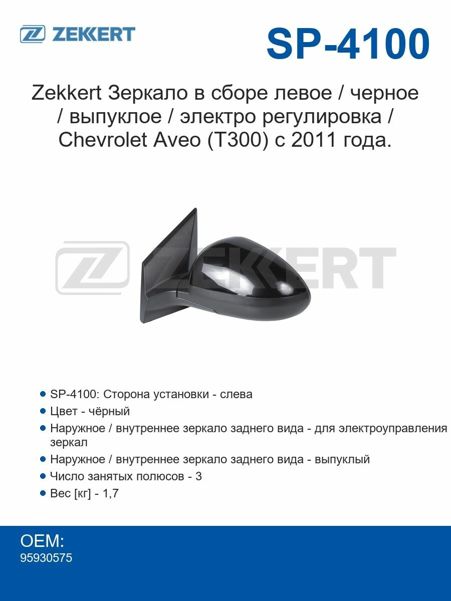 Zekkert Зеркало в сборе левое / черное / выпуклое / эл регул / Chevrolet Aveo (T300) с 2011 года.