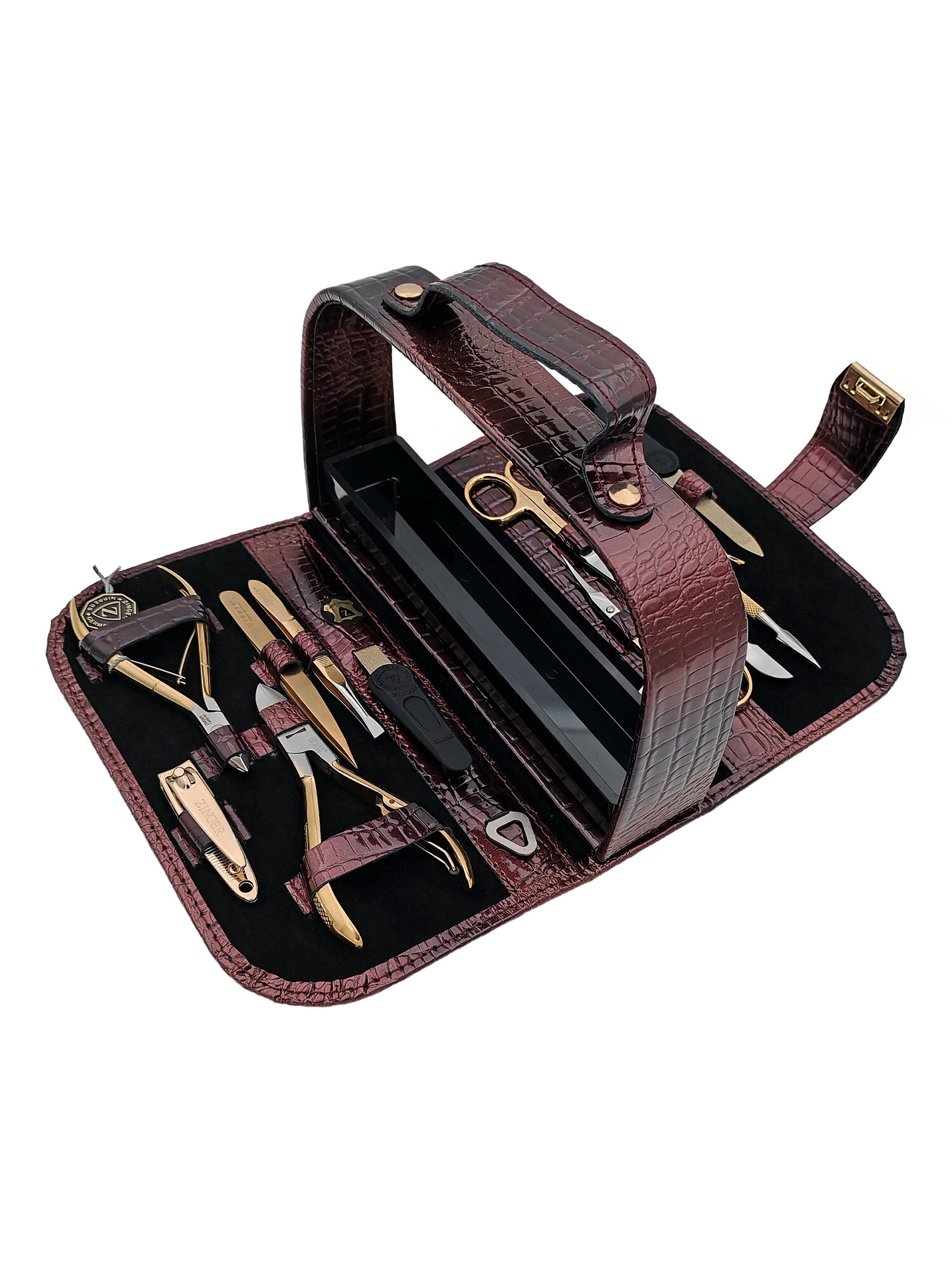 Маникюрный набор Zinger MS-1101 BG, 12 предметов, натуральная кожа, позолоченный/перламутровый бордовый