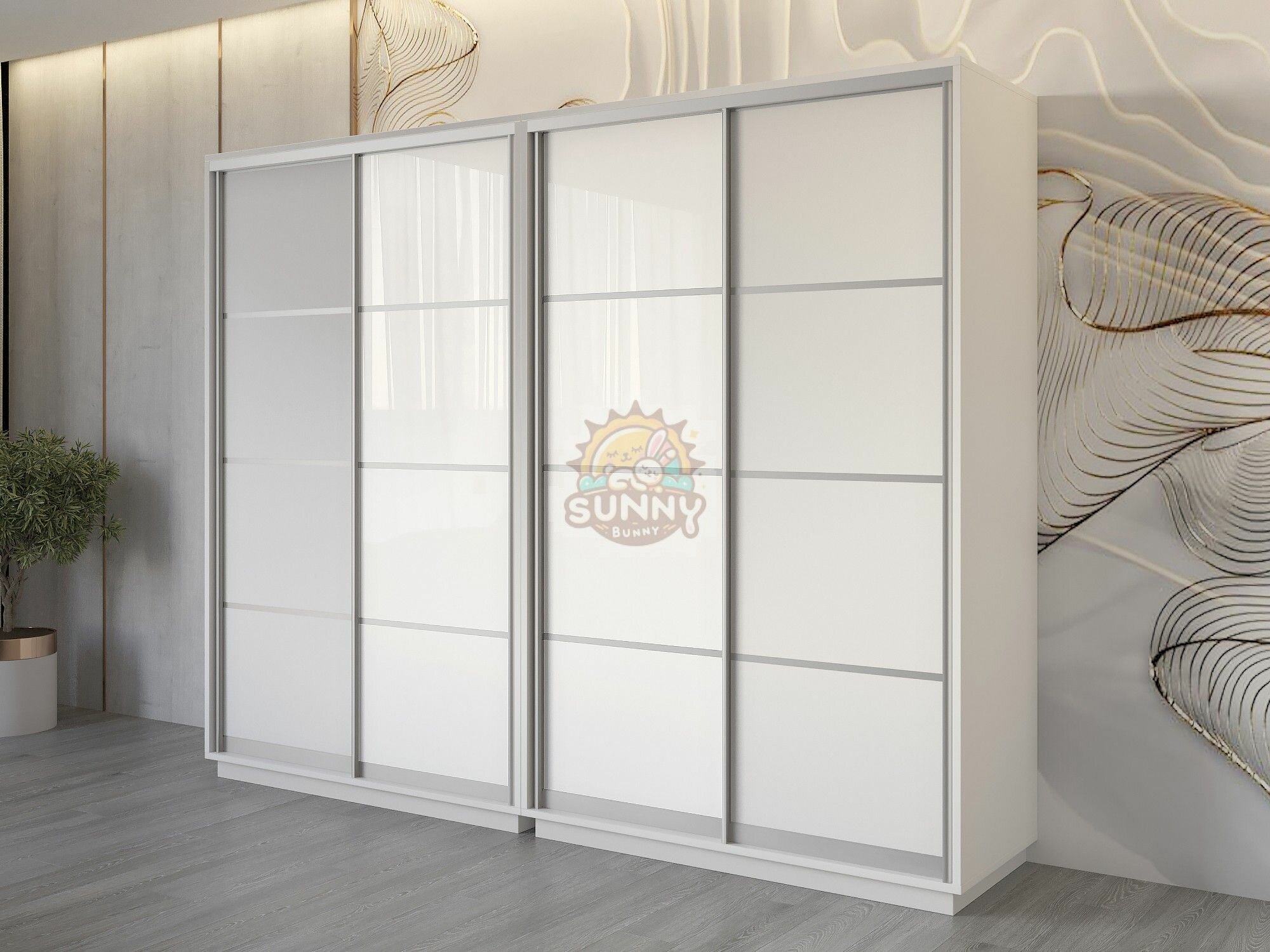 Шкаф-купе Флорида 4дв. (2+2) ЛДСП 2/Стекло белое 2, профиль серебро, 280х60х220 см. Белый снег