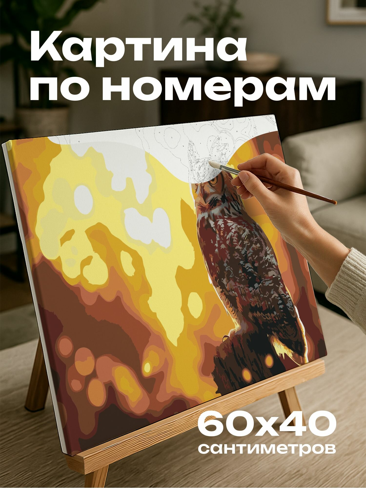 Картина по номерам 60x40 см, Сова, закат, дерево, ветка, перья, лес, свет, Canon, разрешение, детали, глубина, природа