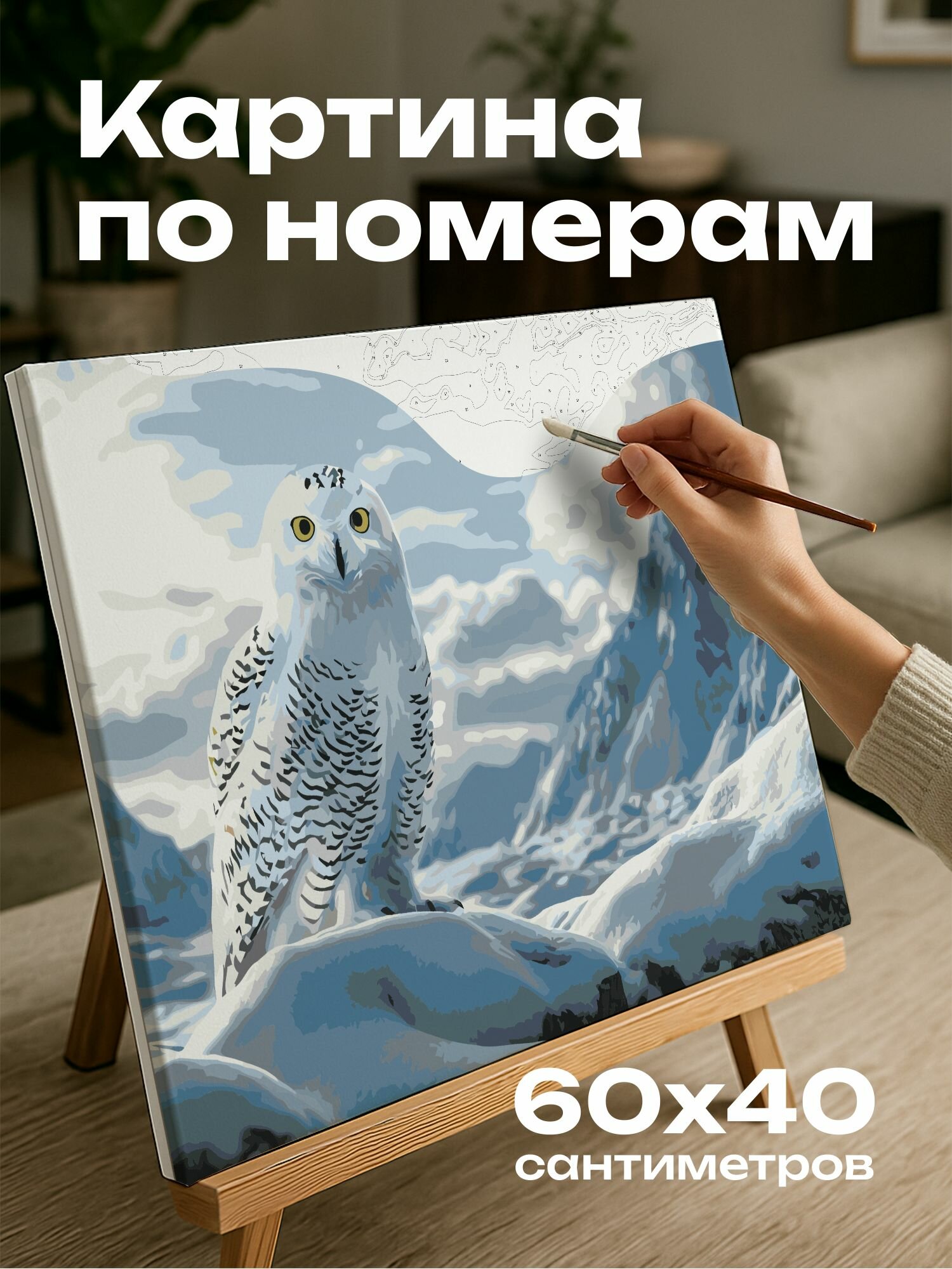 Картина по номерам 60x40 см, снежная сова, оперение, арктическая среда, телеобъектив, снежные пейзажи